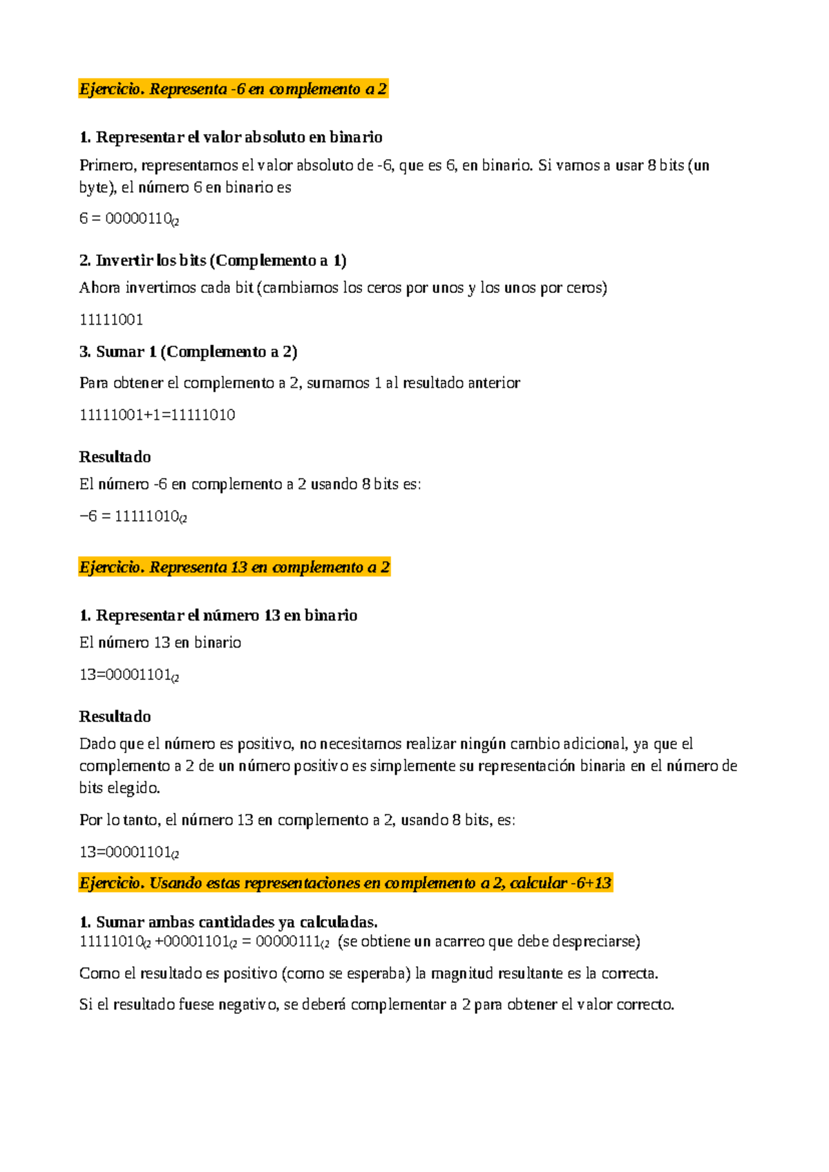Ej Digital Resueltos Complemento a 2 - Ejercicio. Representa -6 en ...