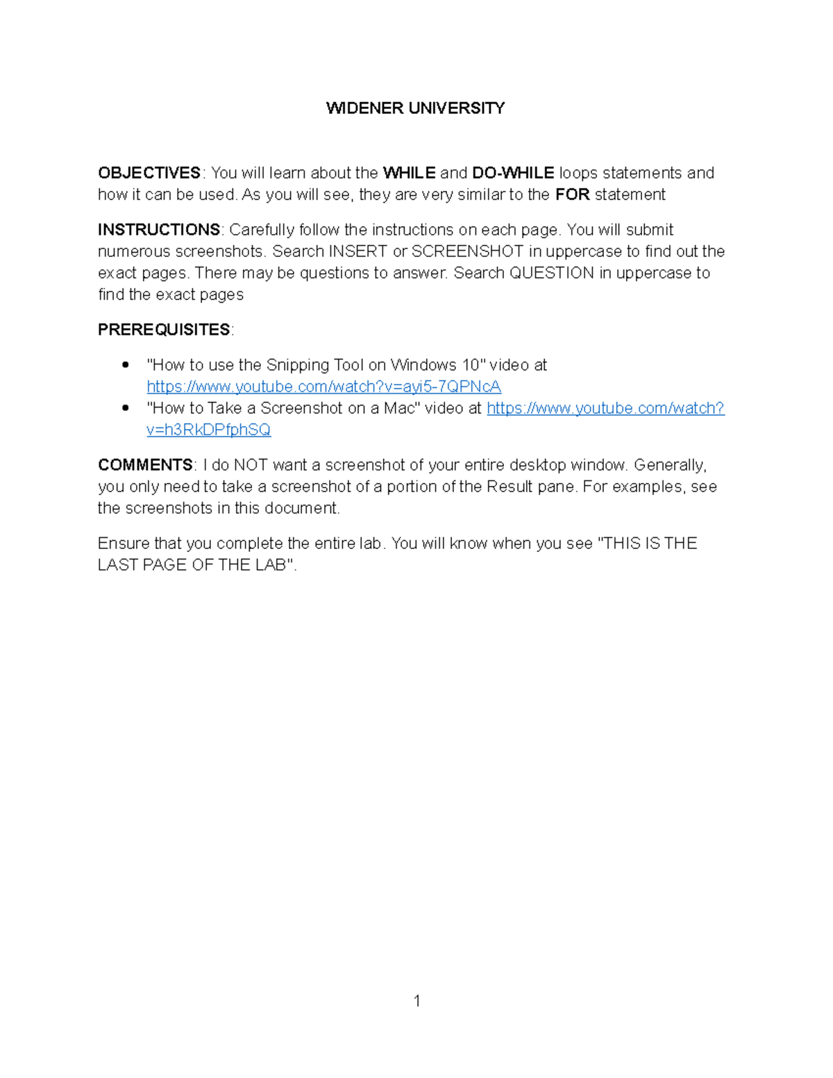 While Lab - WIDENER UNIVERSITY OBJECTIVES: You will learn about the ...