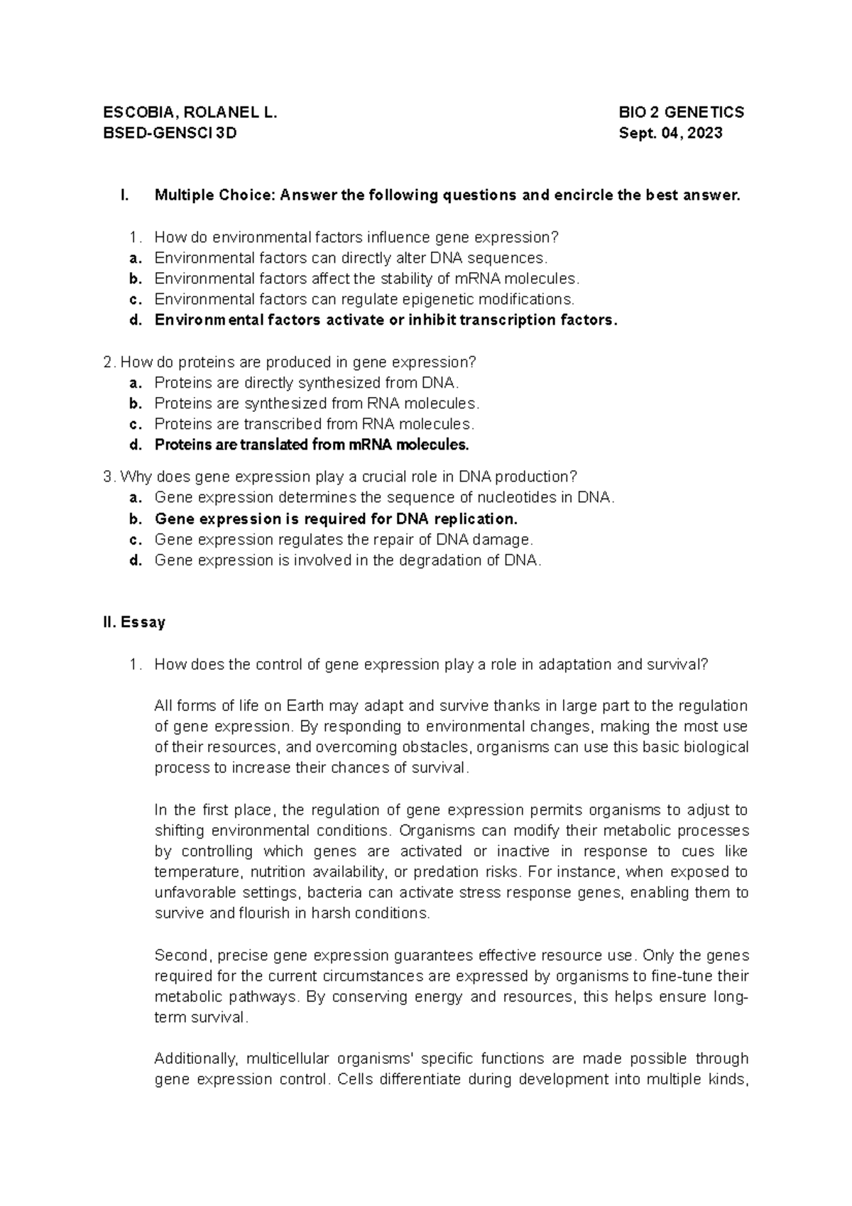 The Control of Gene Expression - ESCOBIA, ROLANEL L. BIO 2 GENETICS BSED-GENSCI 3D Sept. 04 ...