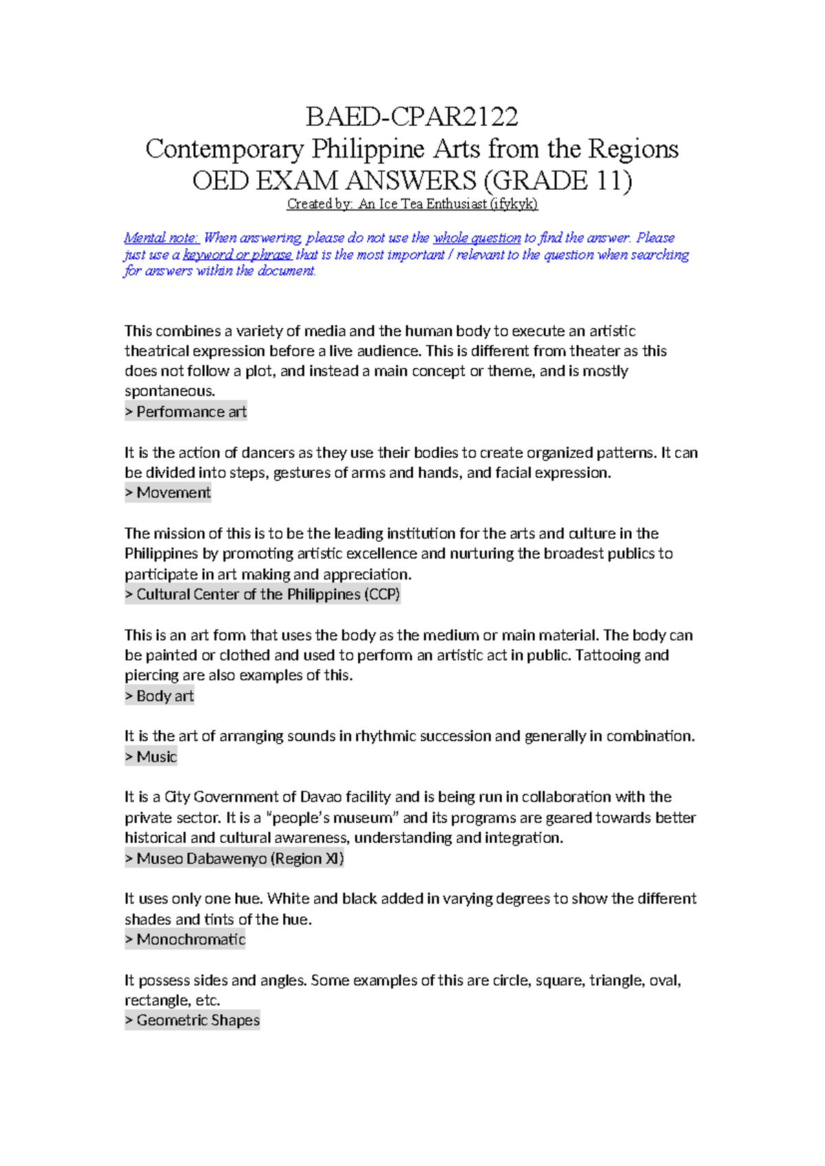 Contemp OED Exams ANS - BAED-CPAR Contemporary Philippine Arts from the ...