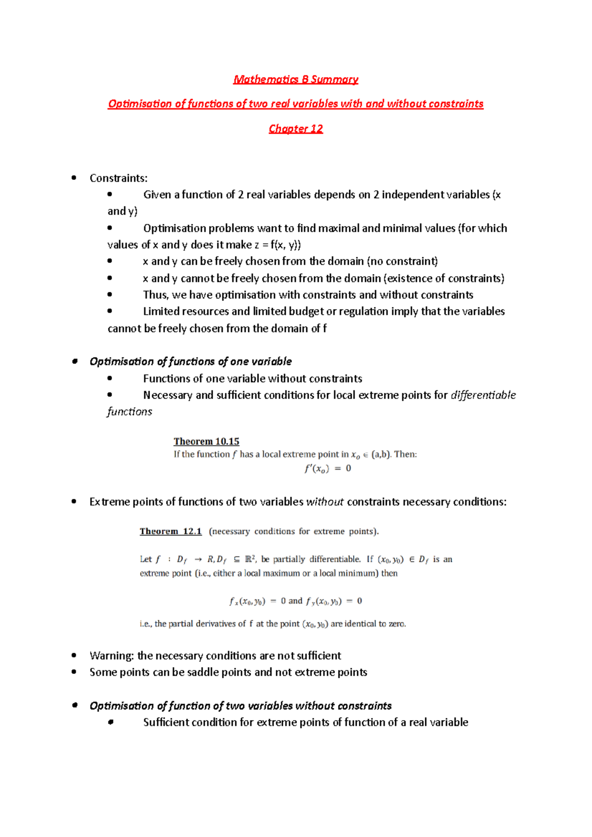 Mathematics B Ch. 12 Summary - Mathematics B Summary Optimisation of ...