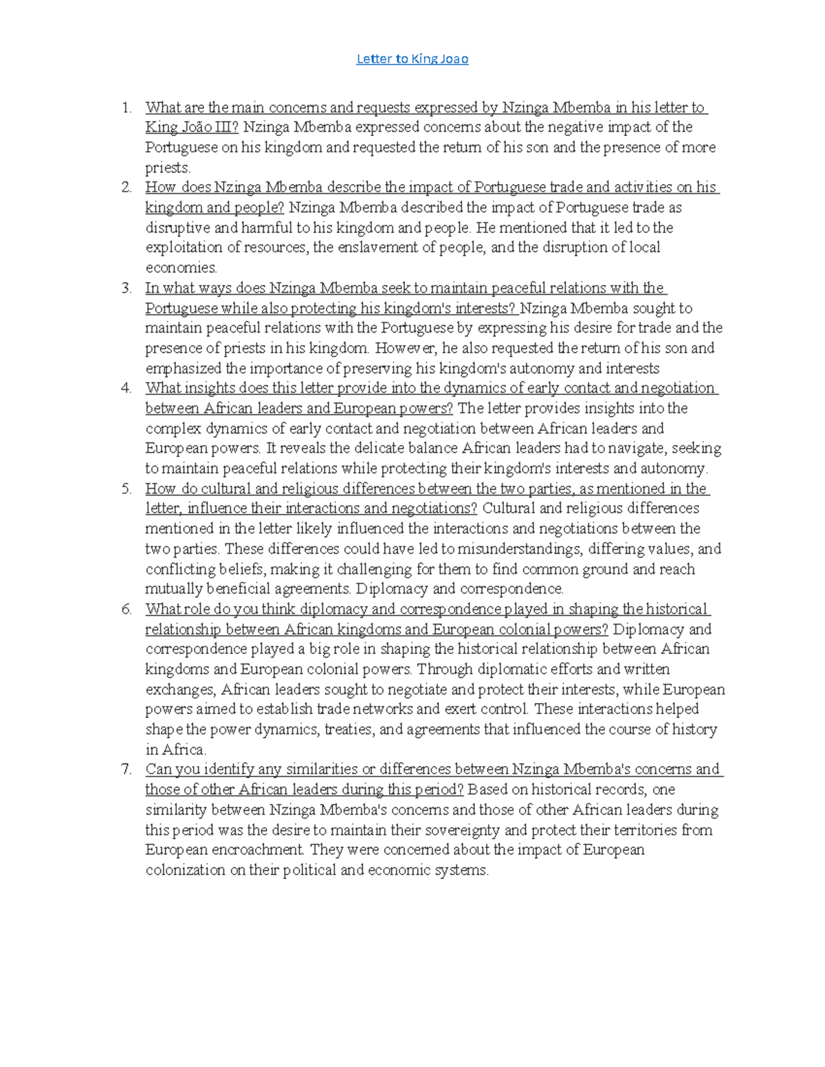 Undefined - nmmmmmmm - Letter to King Joao 1. What are the main ...