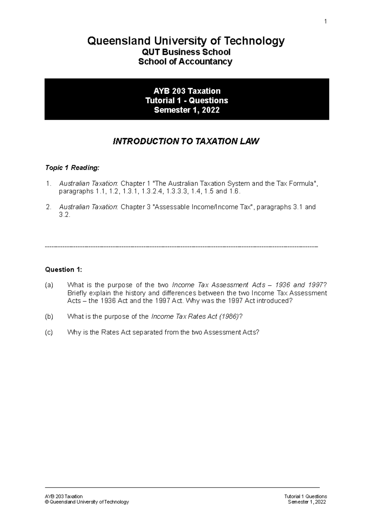 Tutorial 1 - Queensland University of Technology QUT Business School ...