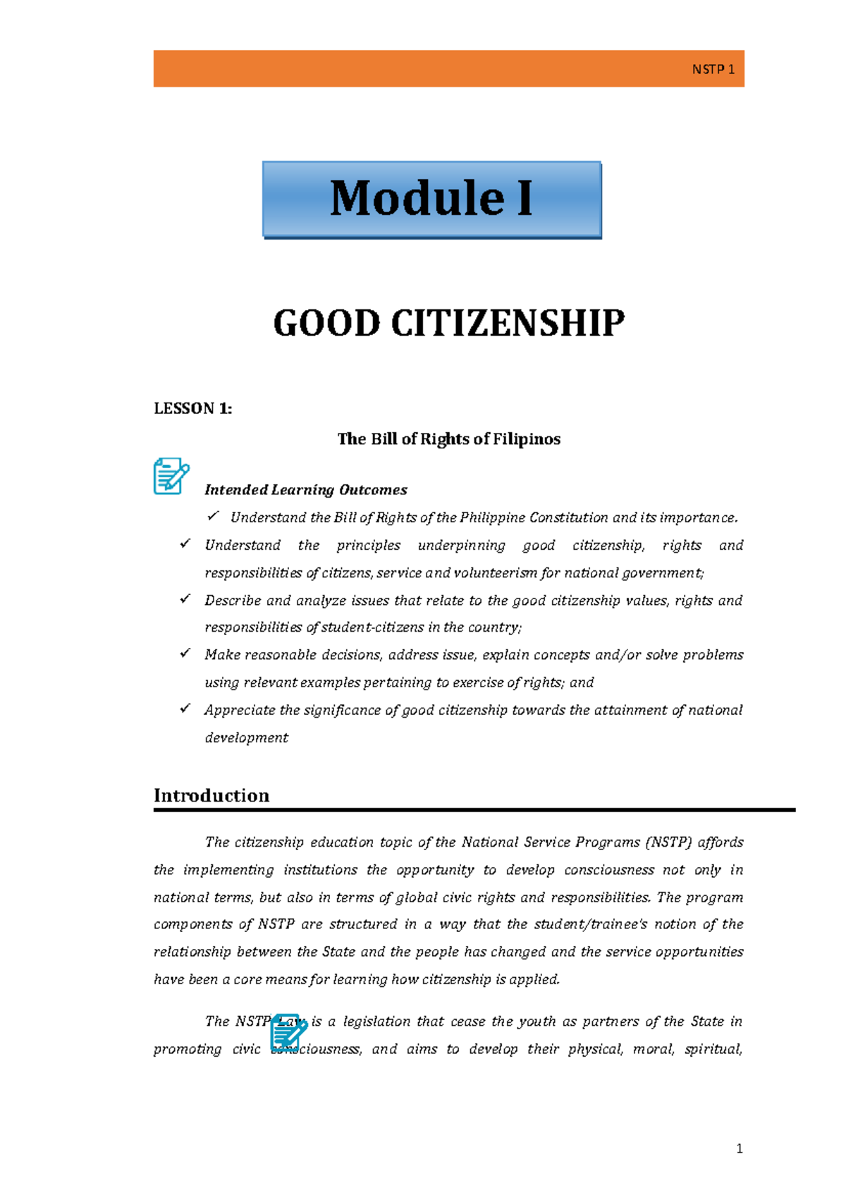 Module 1 GOOD Citizenship - NSTP 1 GOOD CITIZENSHIP LESSON 1: The Bill ...