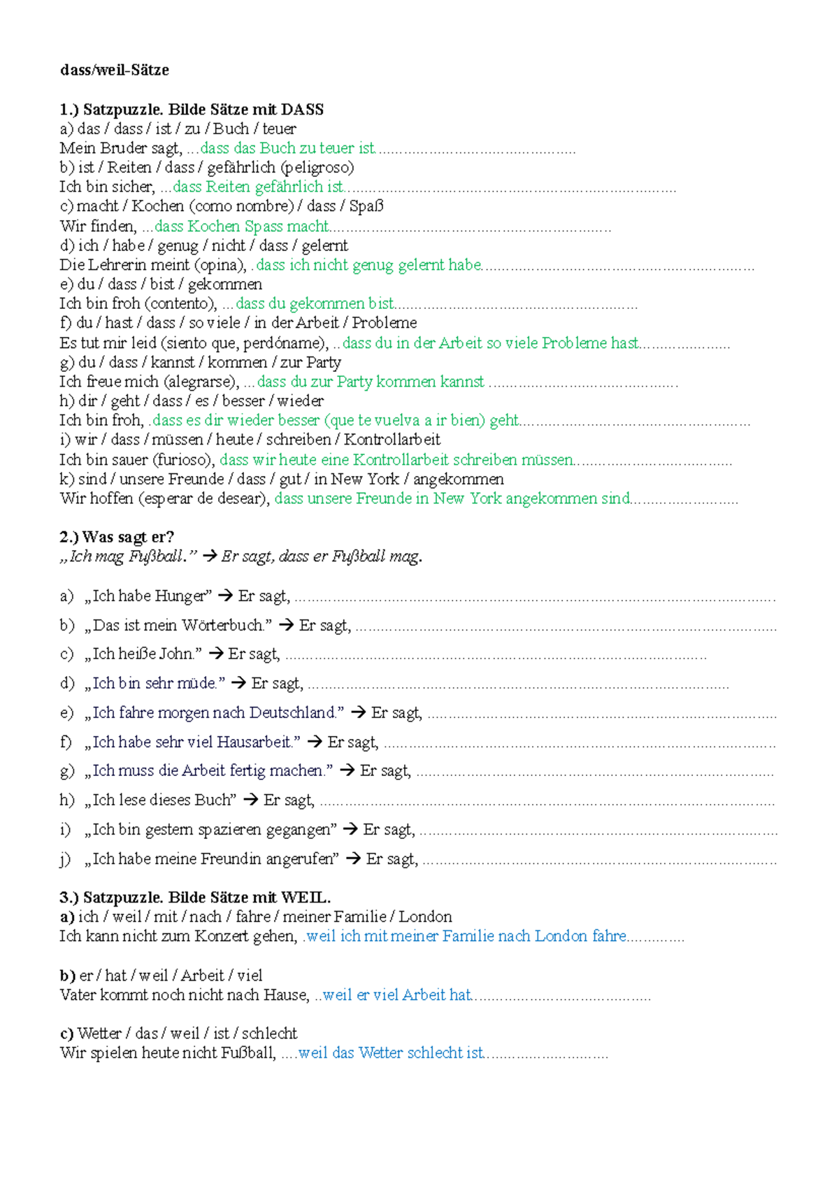 Satze dass-weil - Frases para hacer con los conectores dass y weil ...