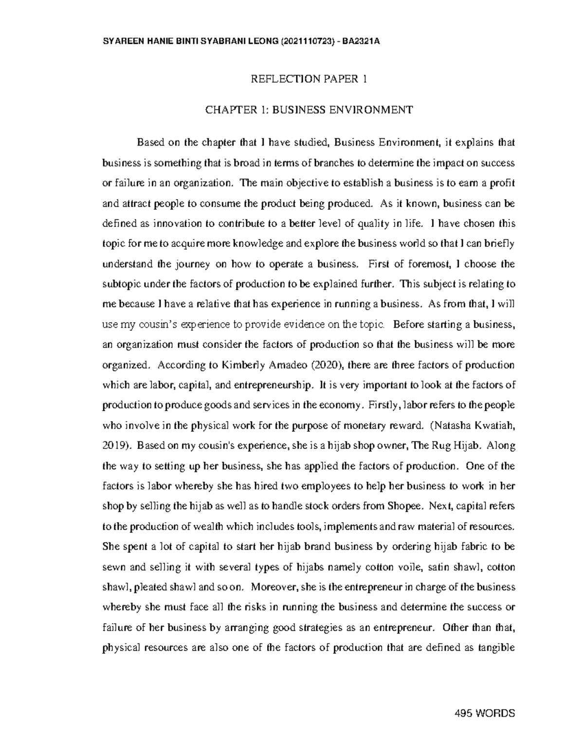 ASM401 Reflection Paper 1 2021 Business Environment November BA232 ...