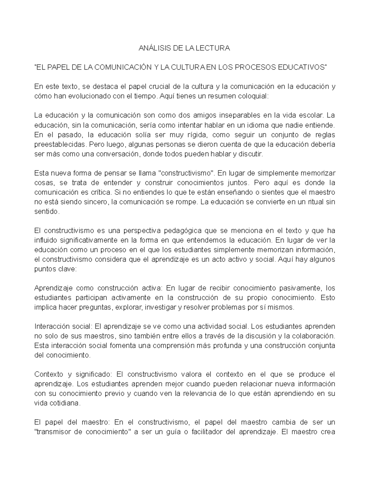 Análisis DE LA Lectura - tareas de pedagogía - ANÁLISIS DE LA LECTURA ...