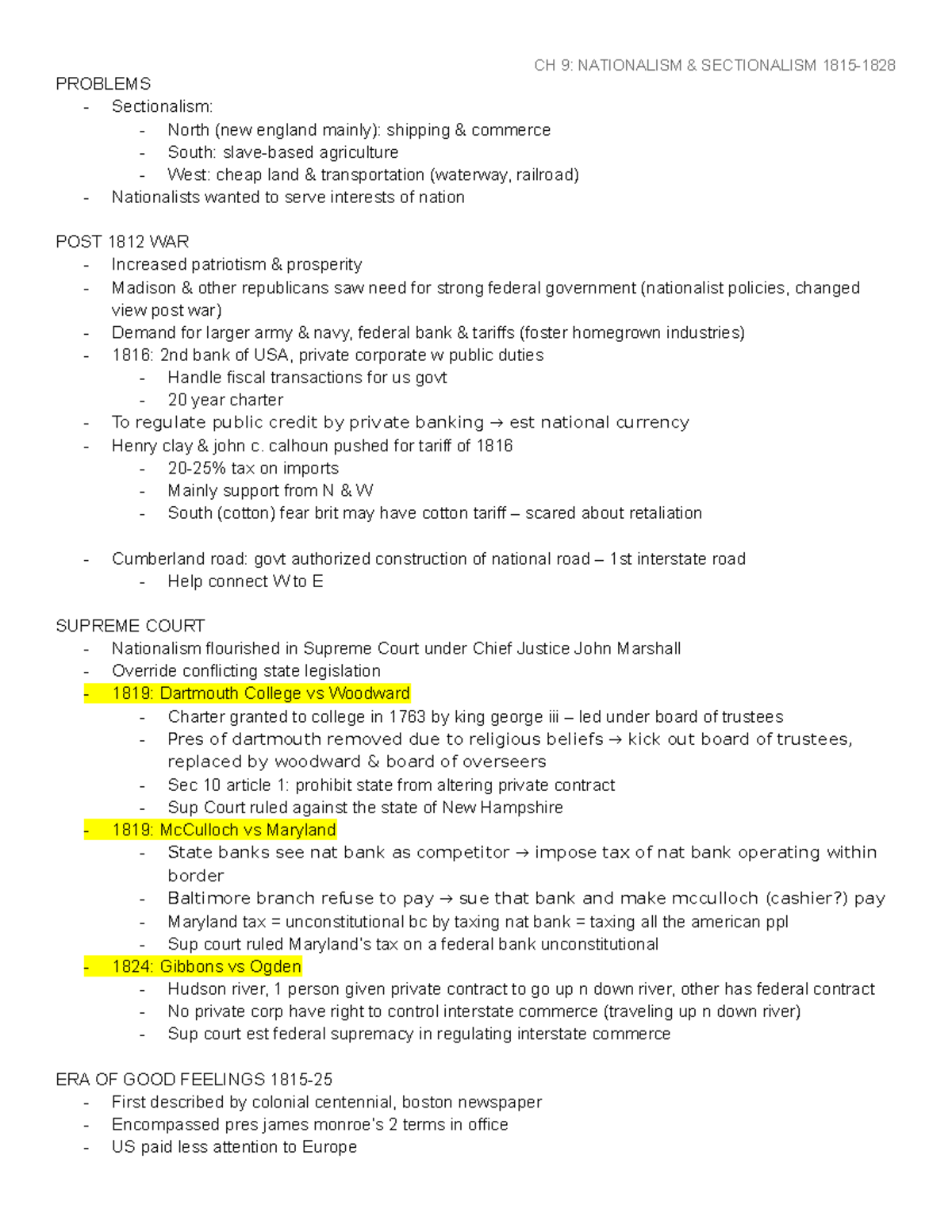 Ch 9 Nationalism Sectionalism 1815-1828 - PROBLEMS Sectionalism: North ...