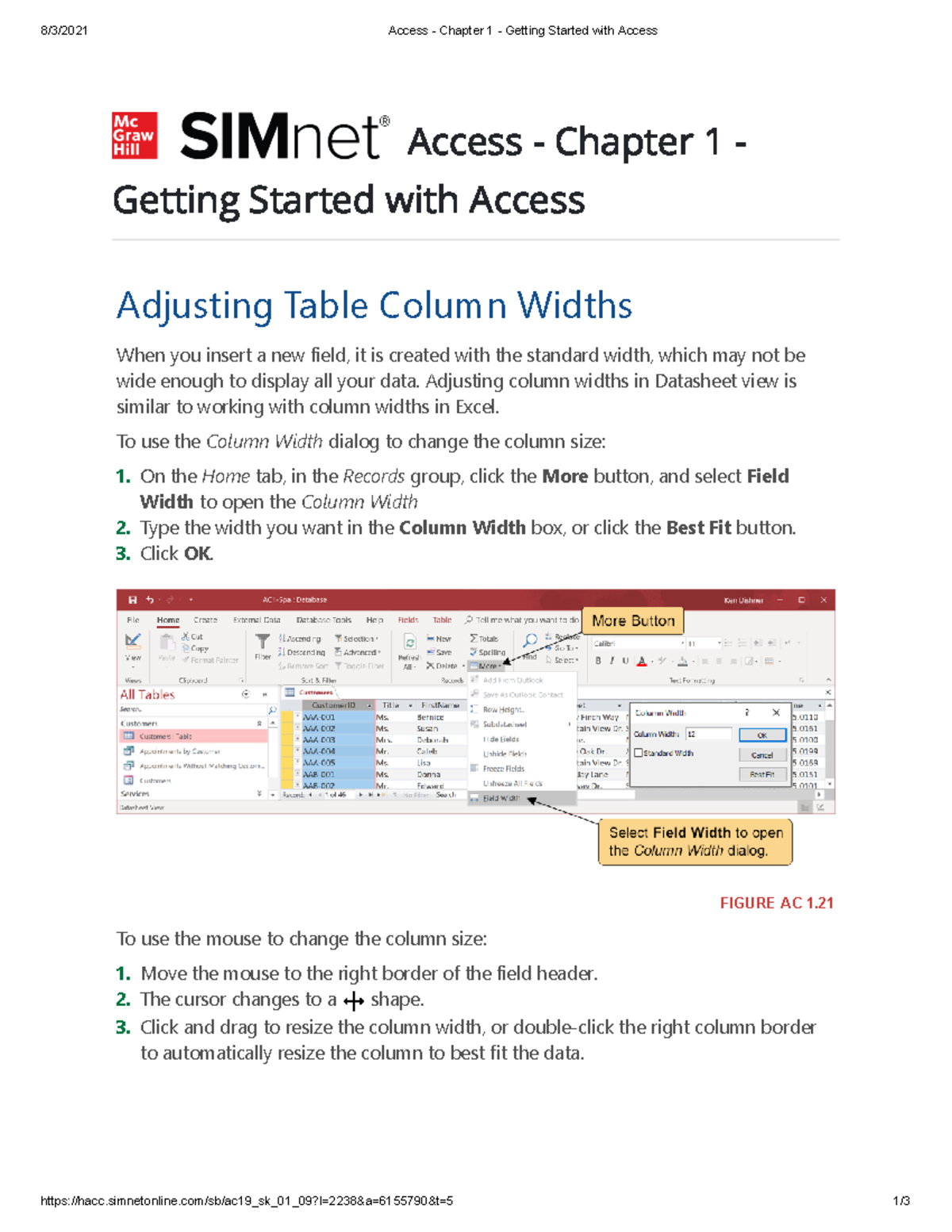Access - CH 1 adjusting table widths - 8/3/2021 Access - Chapter 1 - Getting Started with Access ...