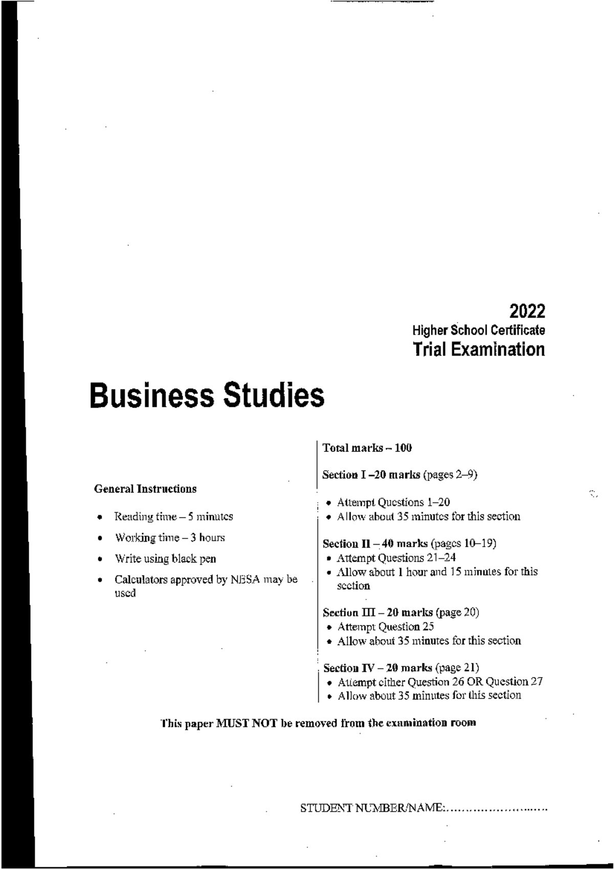 2022 Business Studies Trial Independent - 2022 Higher School Certificate Trial Examination ...