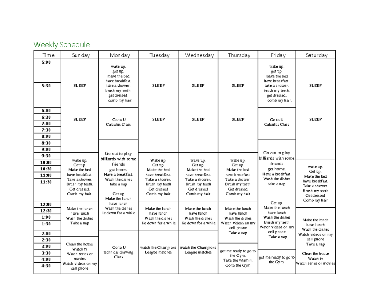 Daily routine cristian - Weekly Schedule Time Sunday Monday Tuesday ...