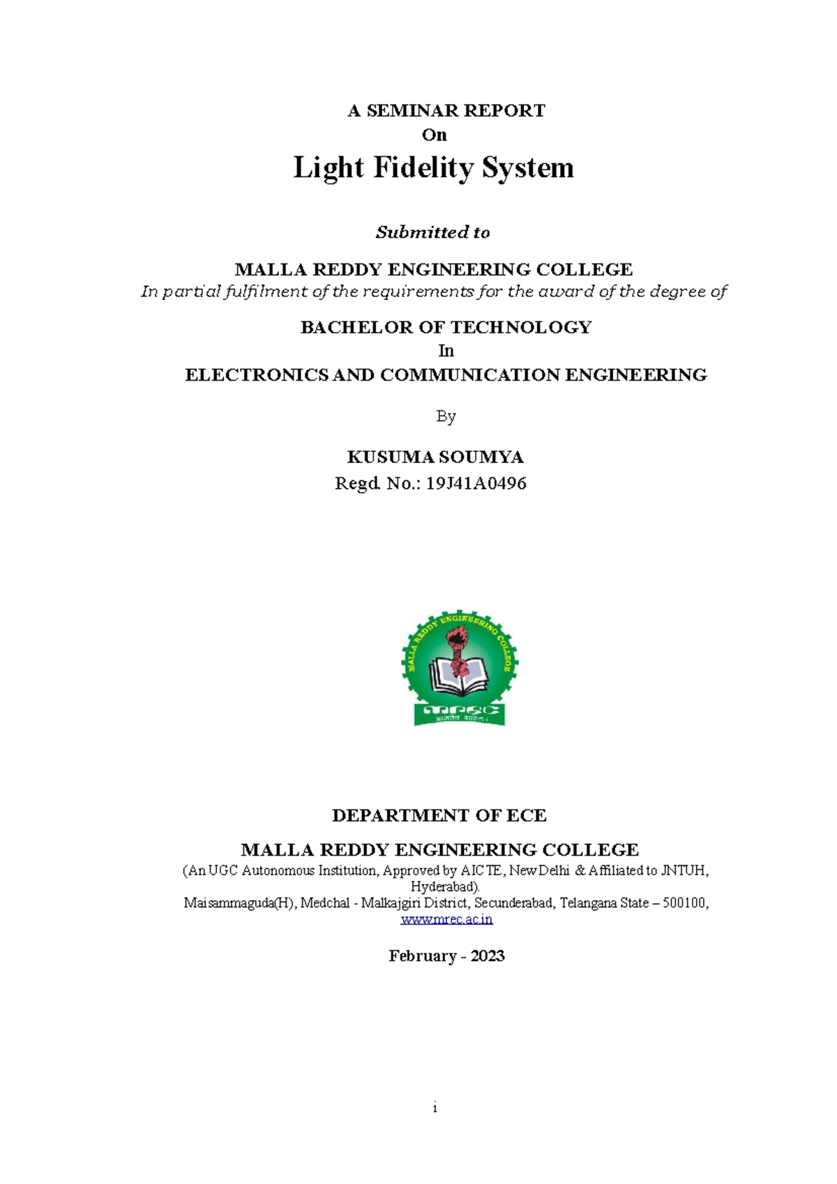 496-seminar report - Pdf is required - A SEMINAR REPORT On Light ...