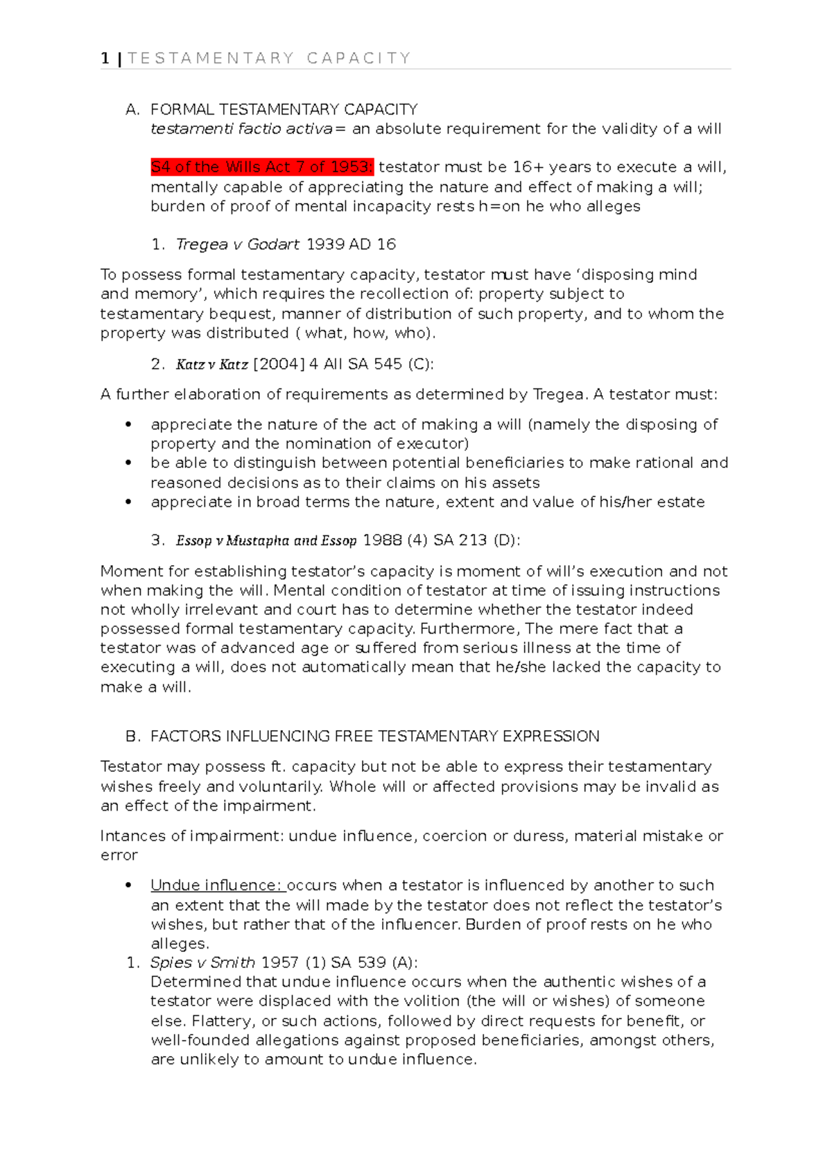 Succession Law - Testamentary Capacity (Outline) - 1 | T E S T A M E N ...