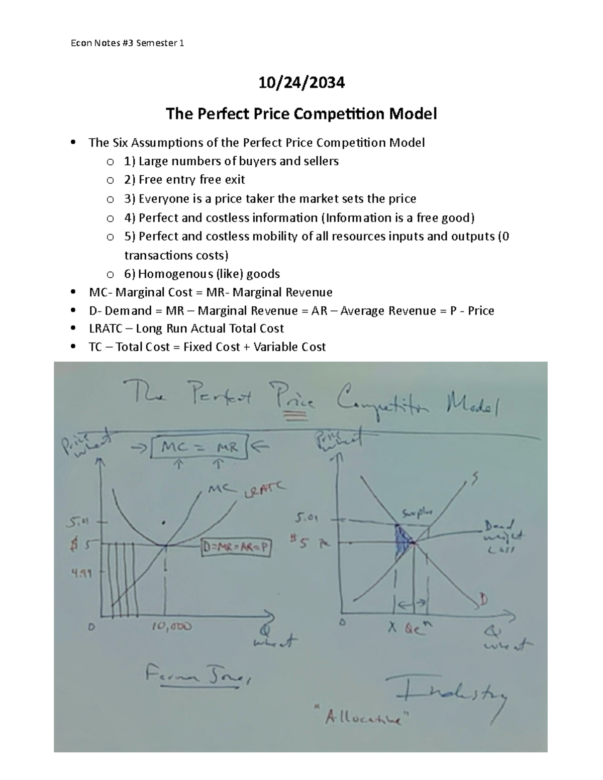 Econ Notes #3 Semester 1 - 10/24/ The Perfect Price Competition Model ...