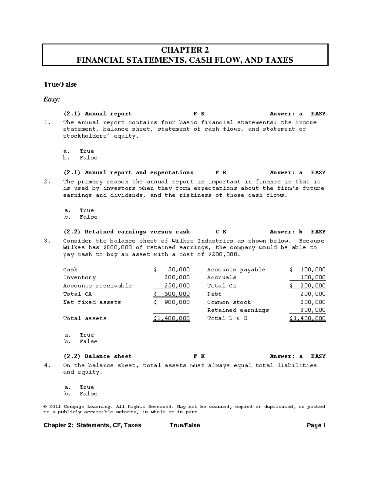 Topic 1 - Exercises 5- Financial Statement Analysis - © 2011 Cengage ...
