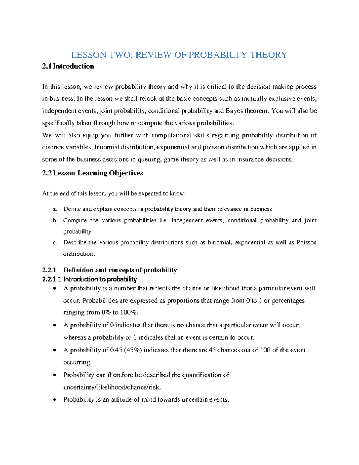 Lesson TWO Probability Review Further Notes - LESSON TWO: REVIEW OF ...