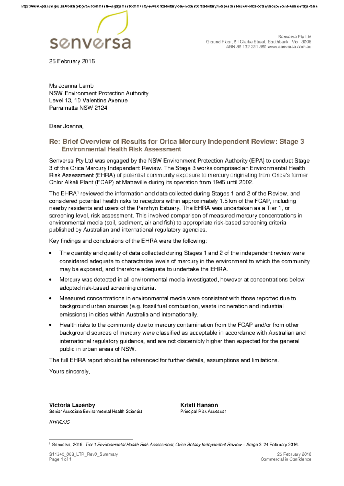 Example EPA letter senversa - Senversa Pty Ltd Ground Floor, 51 Clarke ...