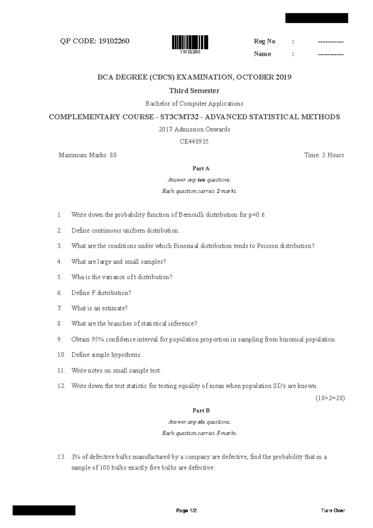 Bca 3 sem advanced statistical methods 19102260 oct 2019 - QP CODE ...