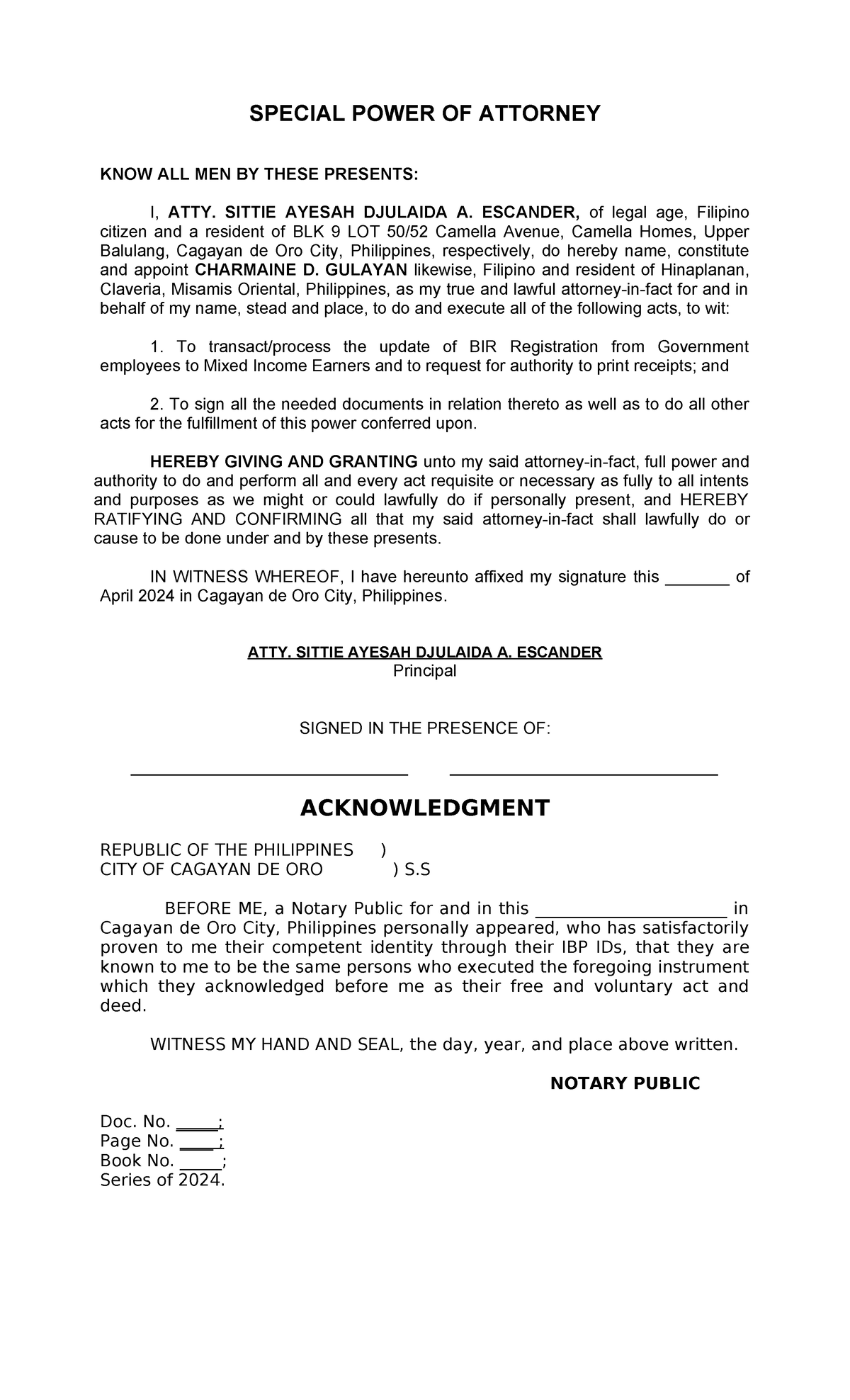 SPA BIR - FOR YOUR REFERENCE. - SPECIAL POWER OF ATTORNEY KNOW ALL MEN ...