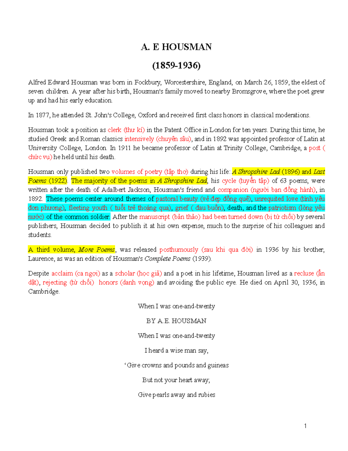 British Poem - jwhjhjehhjrjrjeh - A. E HOUSMAN (1859-1936) Alfred ...