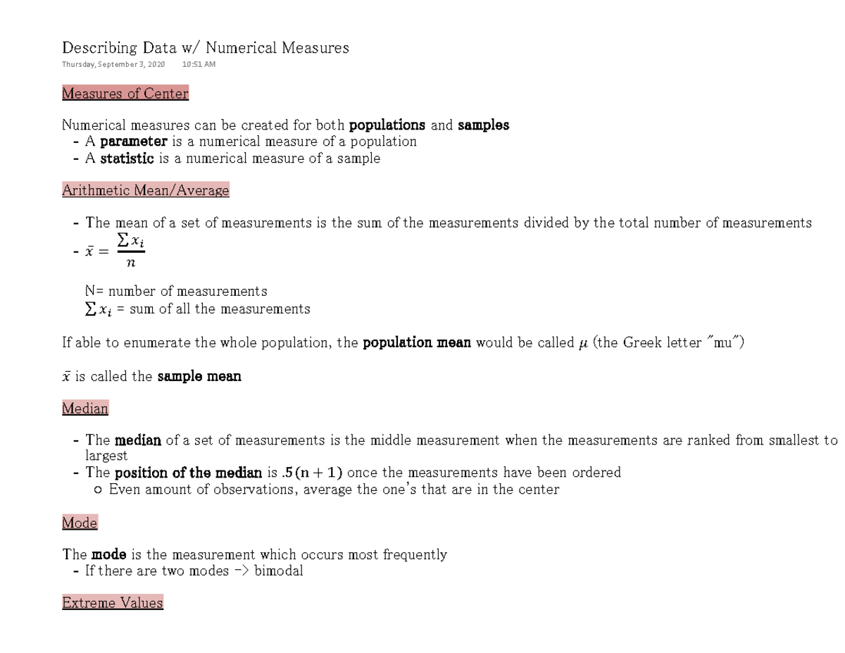 Describing Data w/Numerical Measures - Describing Data Numerical Measures Thursday, September 3 ...