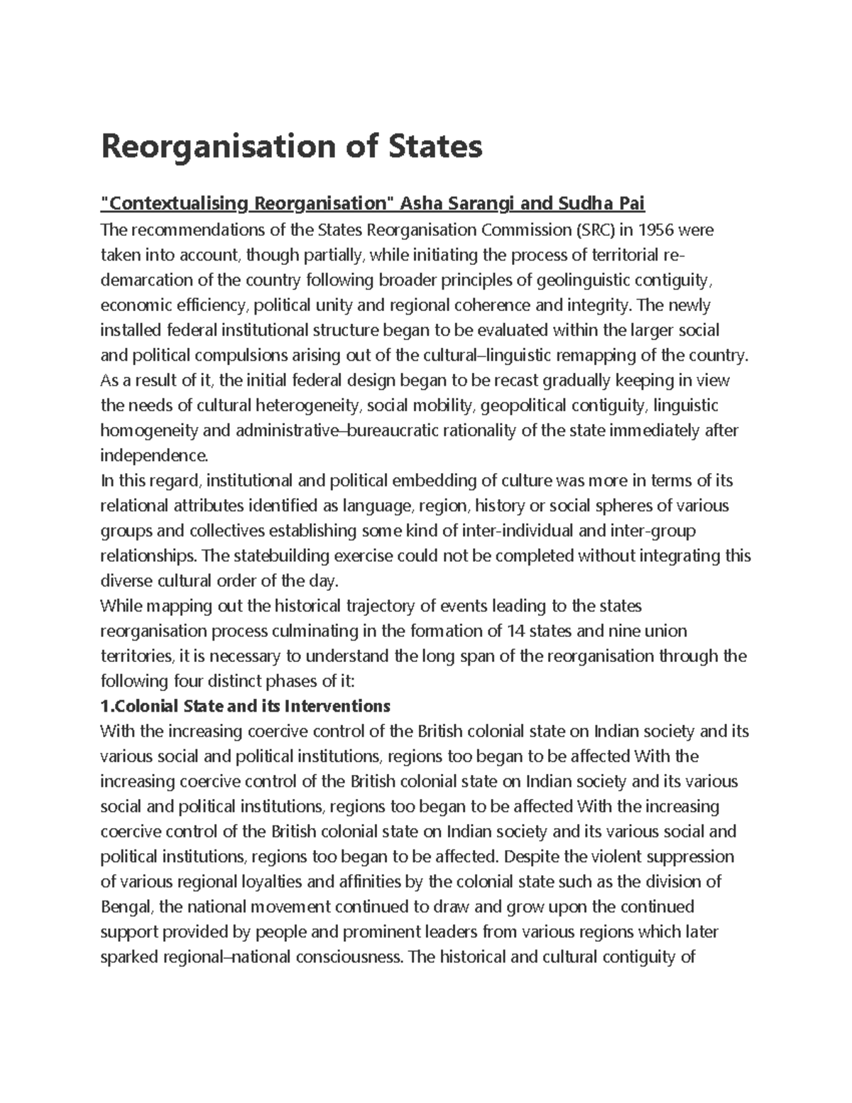 Reorganisation of States - Reorganisation of States "Contextualising ...