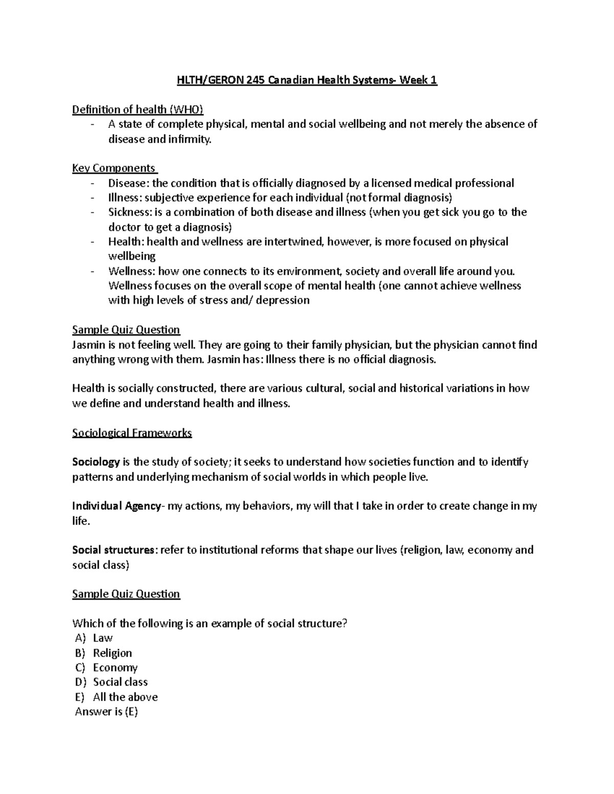 HLTH 245 week 1 - LECTURE NOTES - HLTH/GERON 245 Canadian Health ...