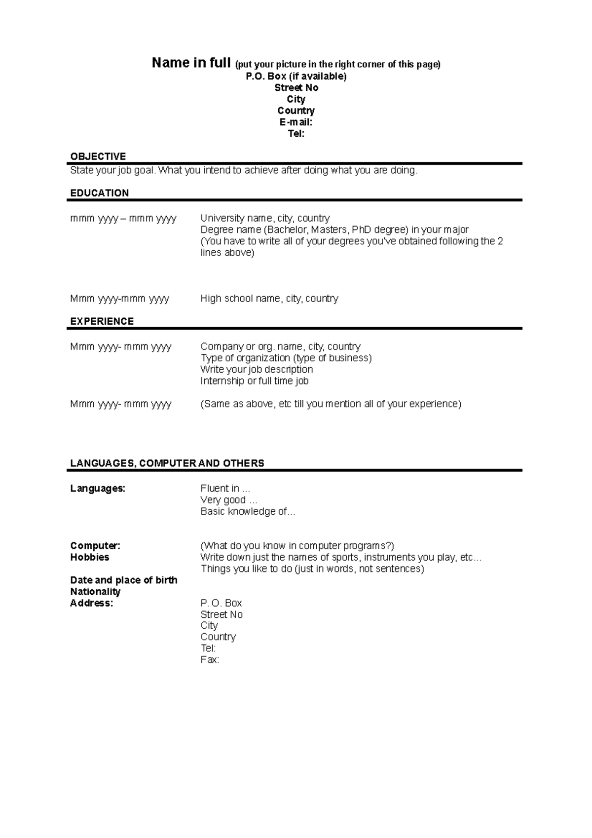 CV modified format - Name in full (put your picture in the right corner ...