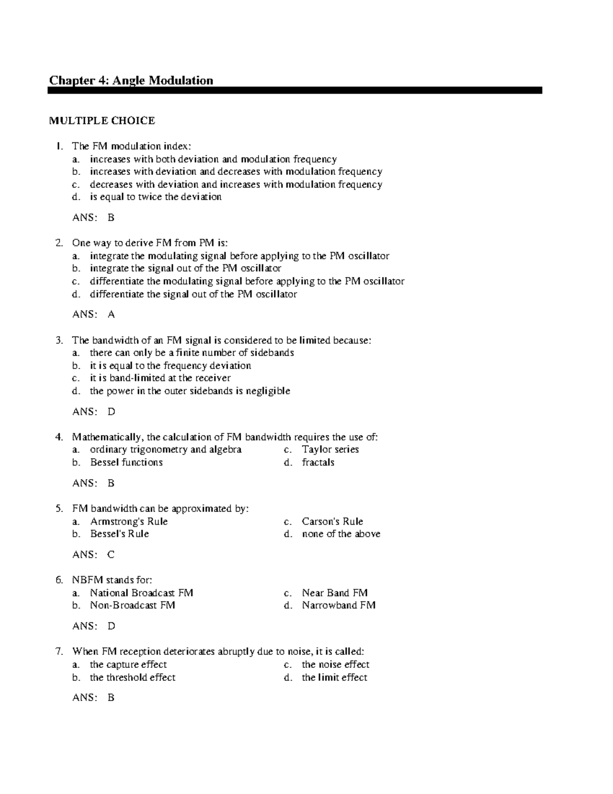 Blake CH04 - ECE NOTES - Chapter 4: Angle Modulation MULTIPLE CHOICE ...