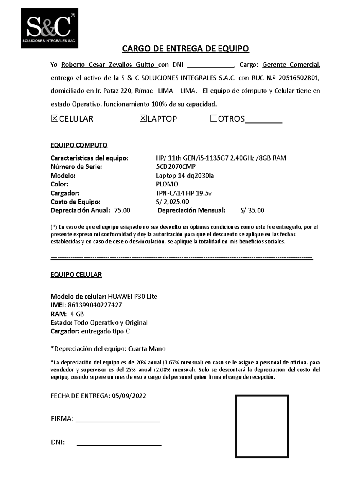 Cargo de entre de equipo - CARGO DE ENTREGA DE EQUIPO Yo Roberto Cesar ...