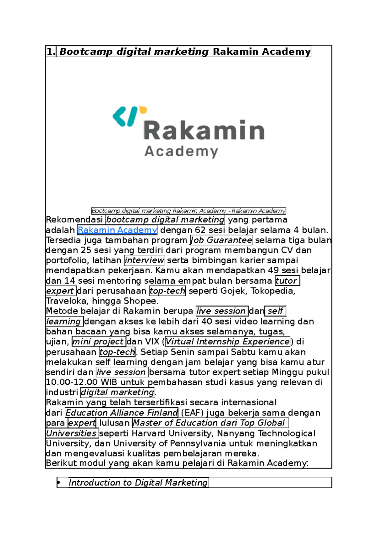 Info digital marketing - 1. Bootcamp digital marketing Rakamin Academy ...