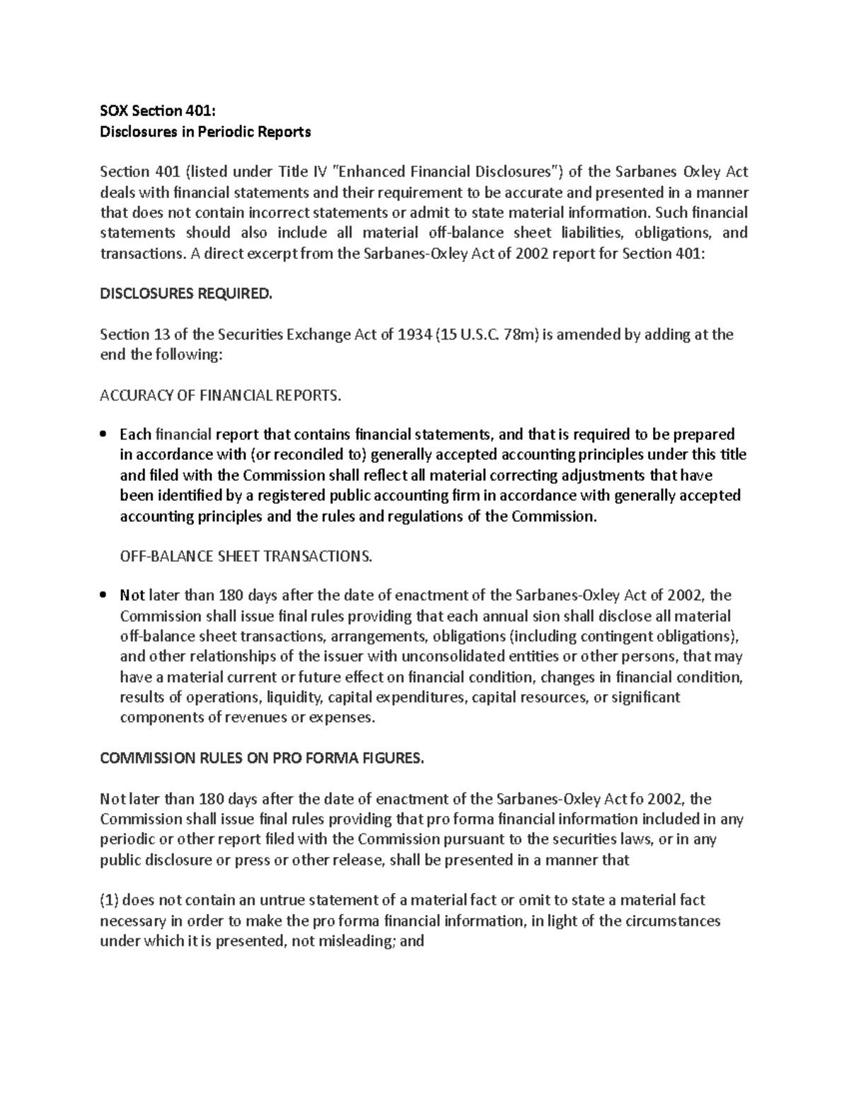 SOX Section 401 Disclosures in Periodic Reports - SOX Section 401 ...