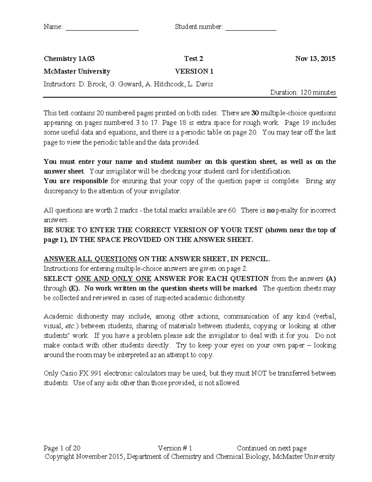 Chemistry 1A03 McMaster University Test 2 Nov 13 2015 - Studocu