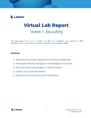 Lab Report wk 3 - 1 Copyright Labster ApS 2021 Virtual Lab Report ...