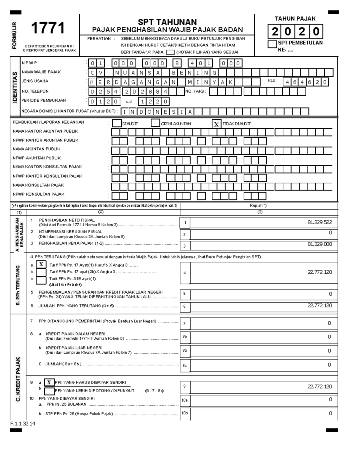 SPT Induk Tahunan (CV Nuansa Bening) - 2 1 PENGHASILAN NETO FISKAL ...