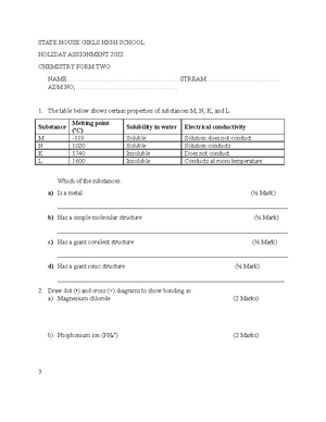 Chemistry FORM 2 Questions - Name