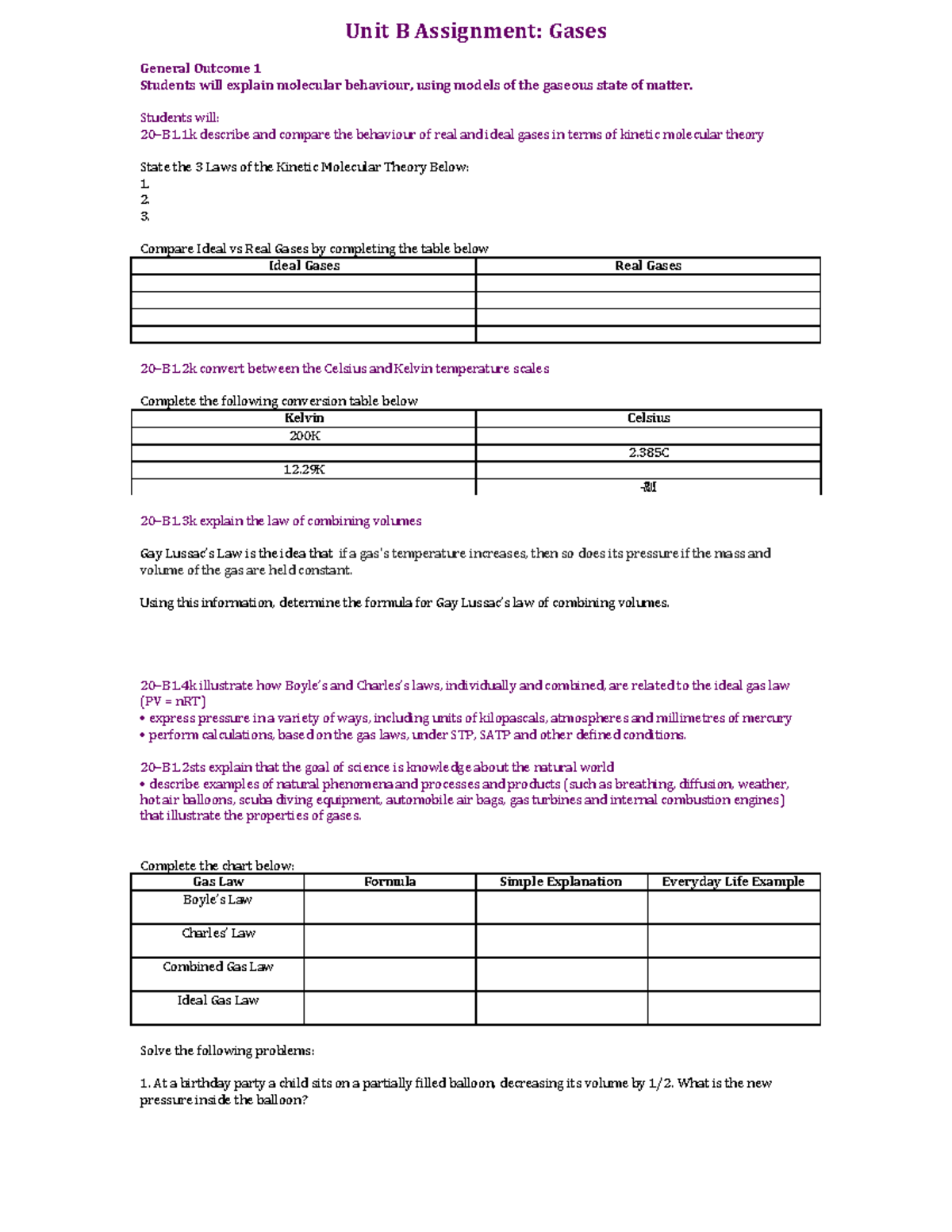 Unit B Gases Chemistry 20 Unit Assignment - Unit B Assignment: Gases ...