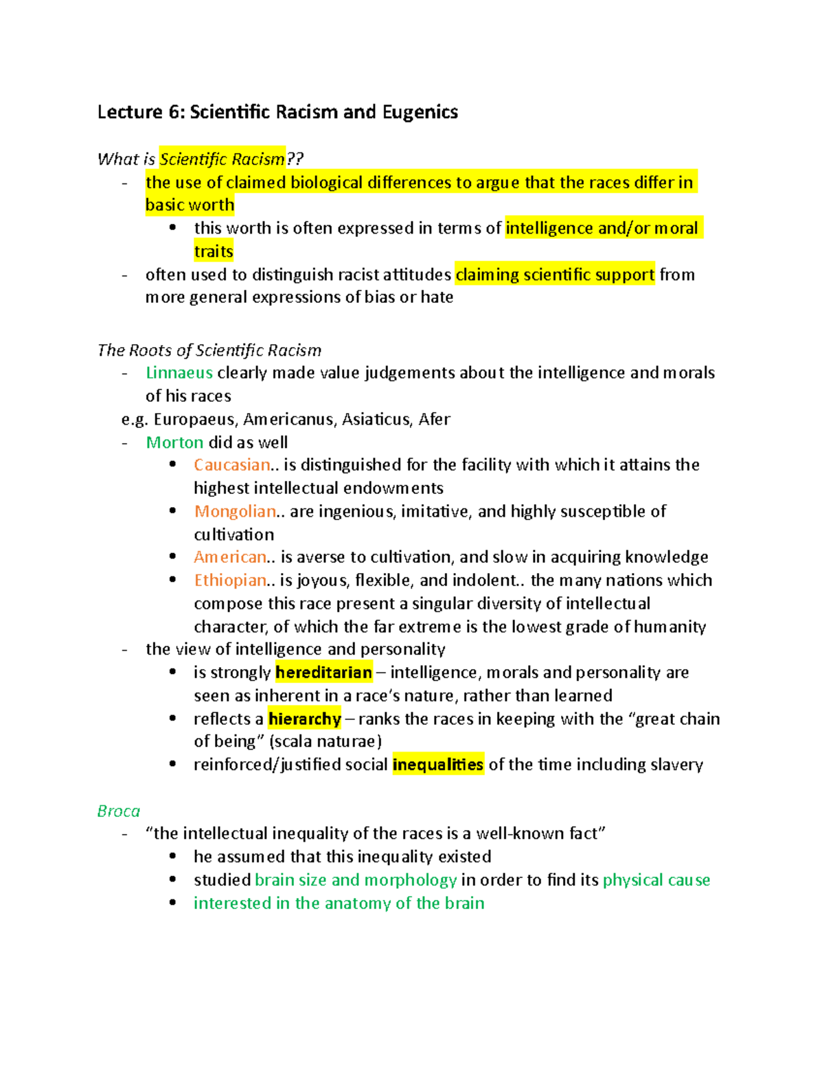 Lecture 6 - notes - Lecture 6: Scientific Racism and Eugenics What is ...