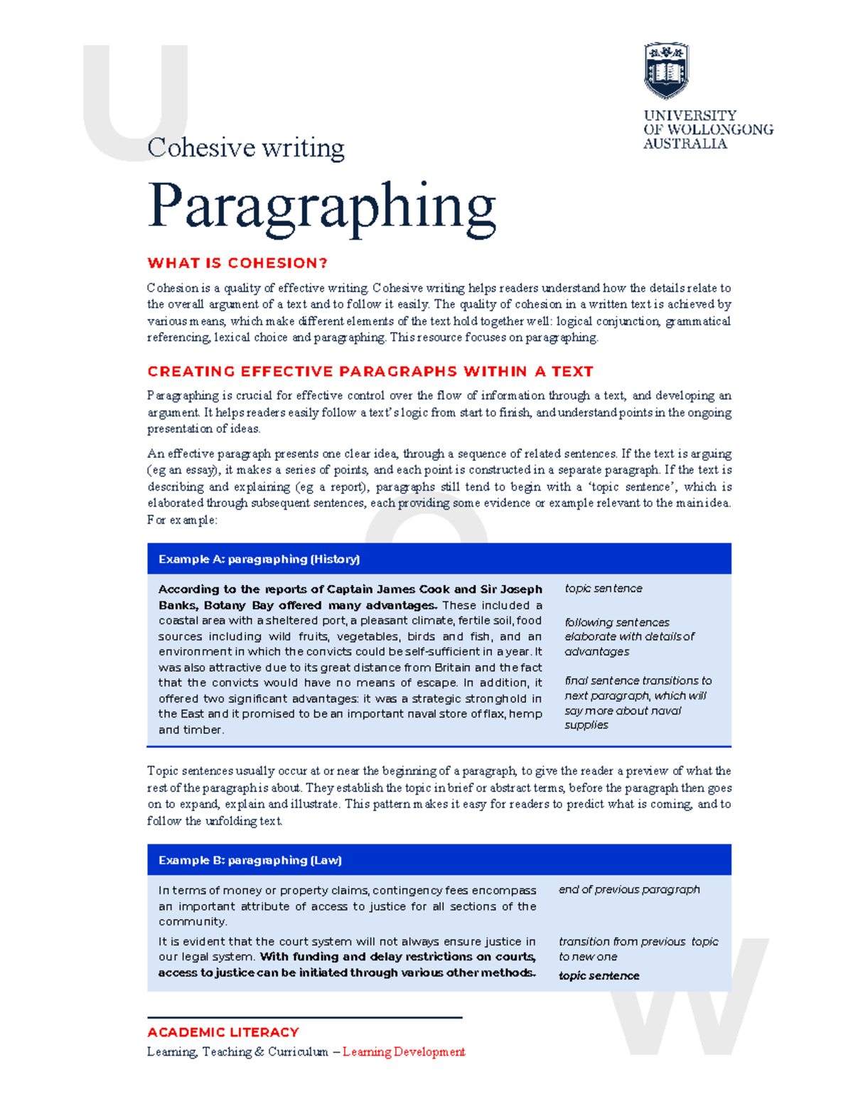 Paragraph structure - ACADEMIC LITERACY Learning, Teaching & Curriculum ...