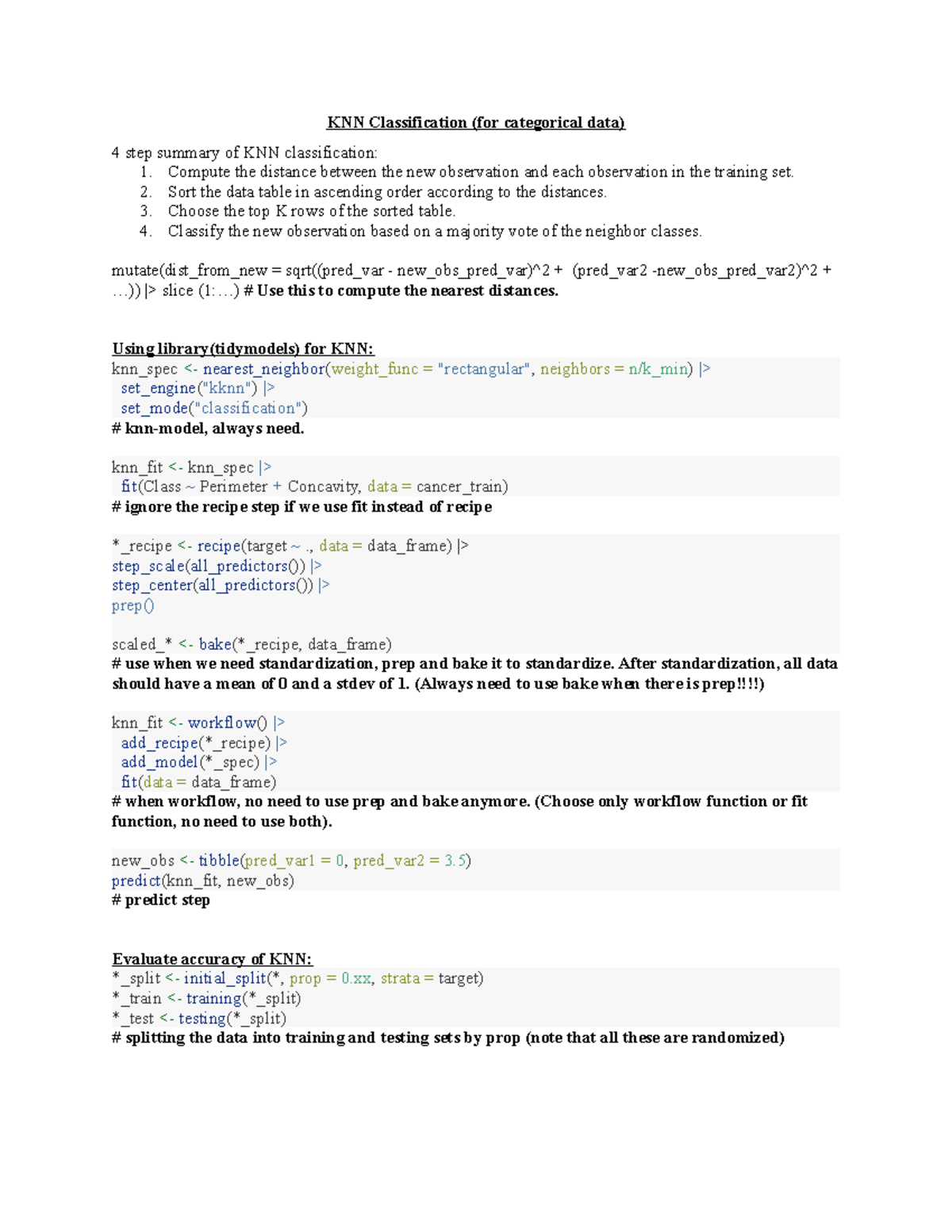 KNN Classification concept cheat sheet DSCI100 - KNN Classification (for categorical data) 4 ...