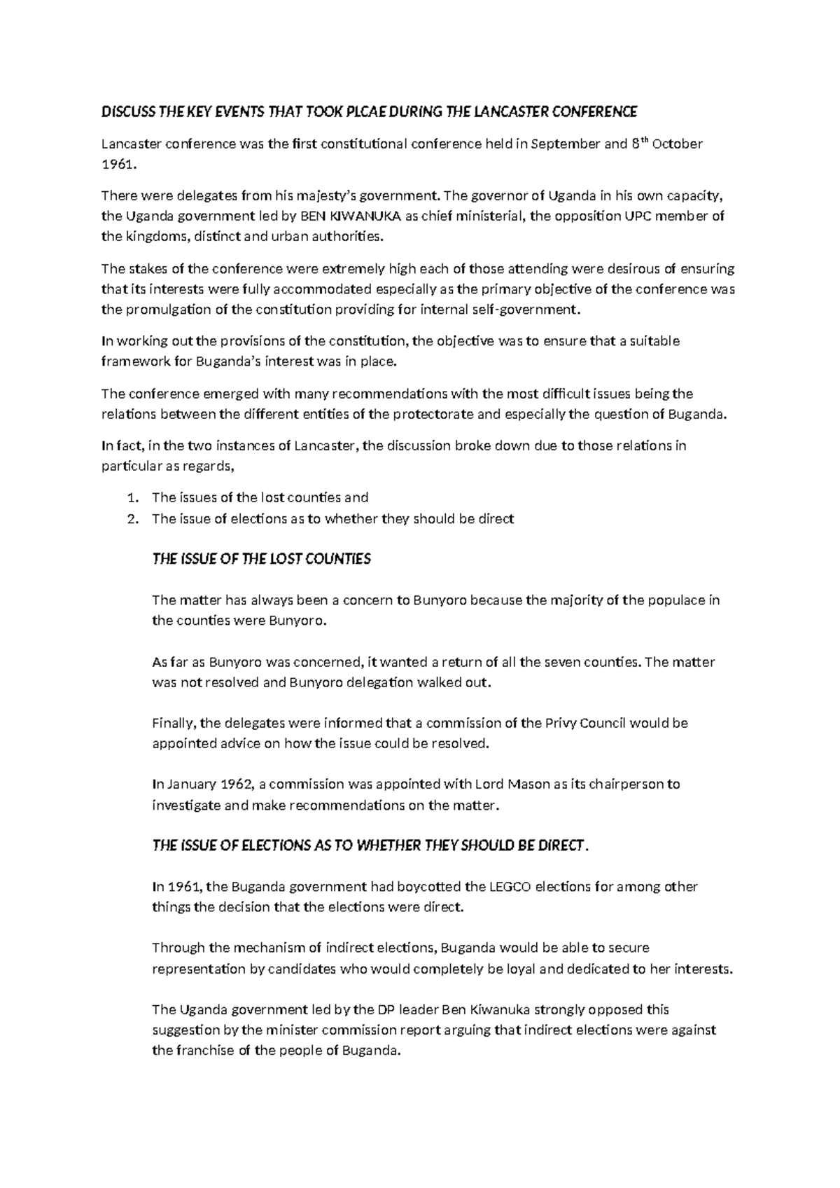 Lancaster conference - DISCUSS THE KEY EVENTS THAT TOOK PLCAE DURING ...