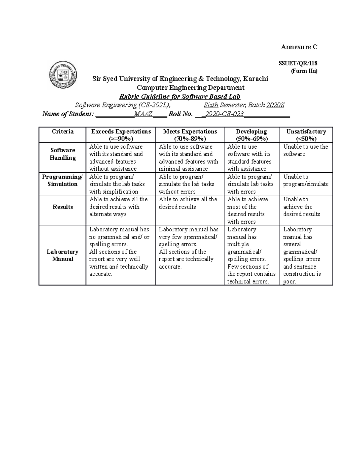 Lab Index + Rubrics - Lab Files - Annexure C SSUET/QR/ (Form IIa) Sir Syed University of ...