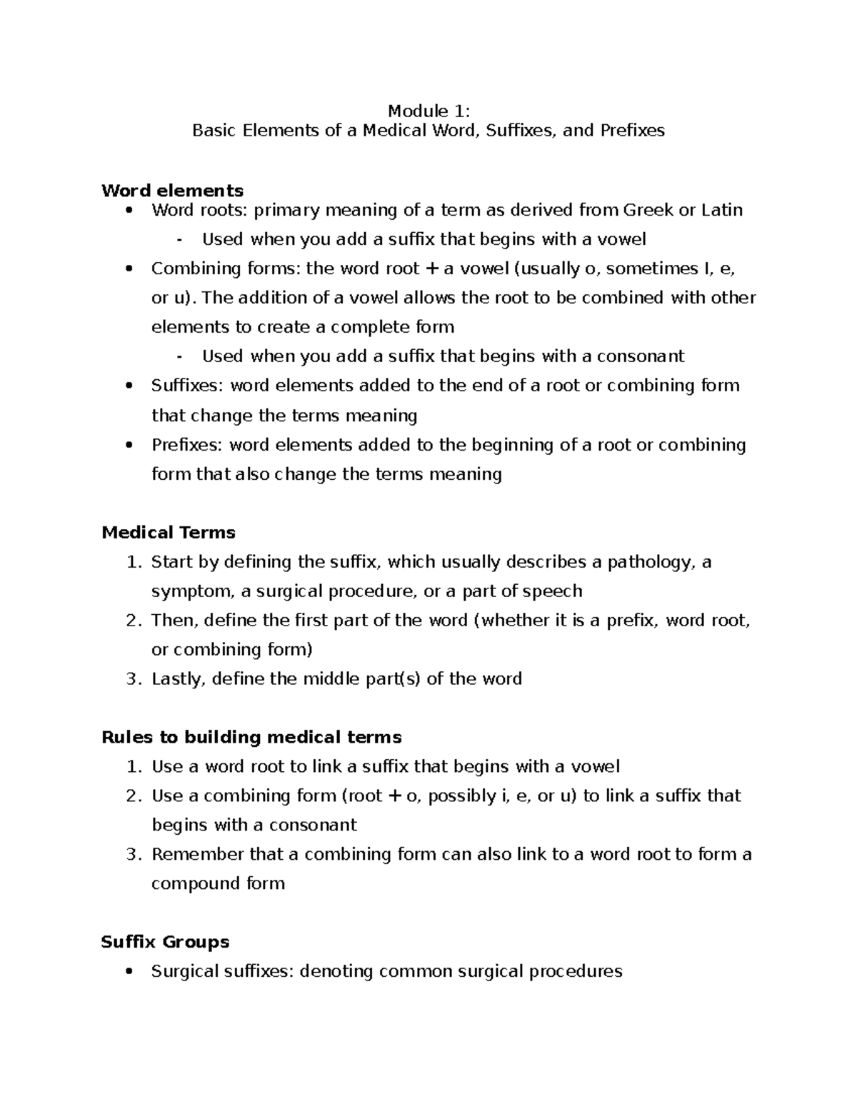 Module 1 Notes Module 1 Basic Elements Of A Medical Word Suffixes And Prefixes Word