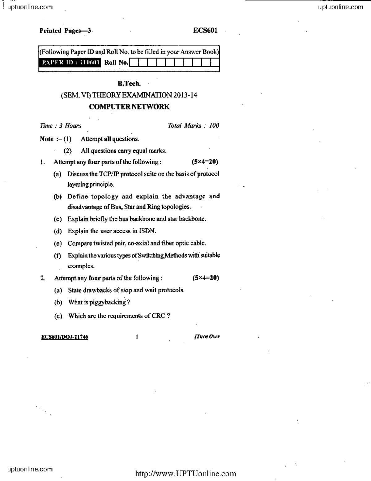 Btech Cs 6 Sem Computer Network Ecs 601 2014 Printed Pages 3 Ecs60i B Sem Vd Theory