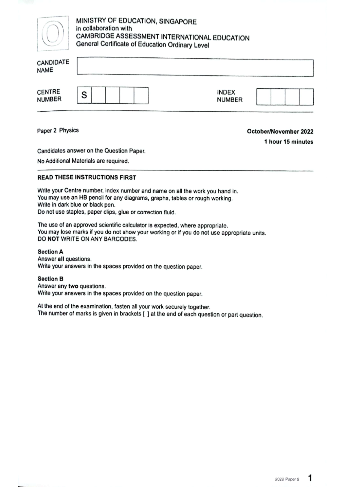 O level Paper 2 2022 - Practice physics - MINISTRY OF EDUCATION ...
