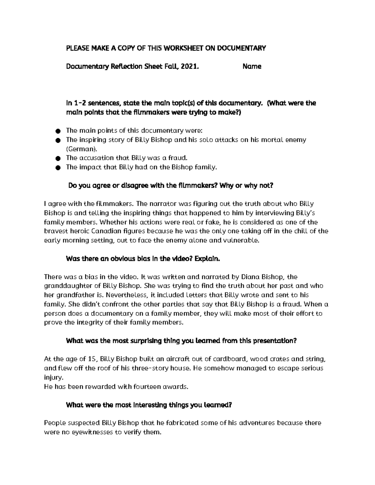Billy Bishop Documentary Reflection Sheet Spring 2021 - PLEASE MAKE A ...