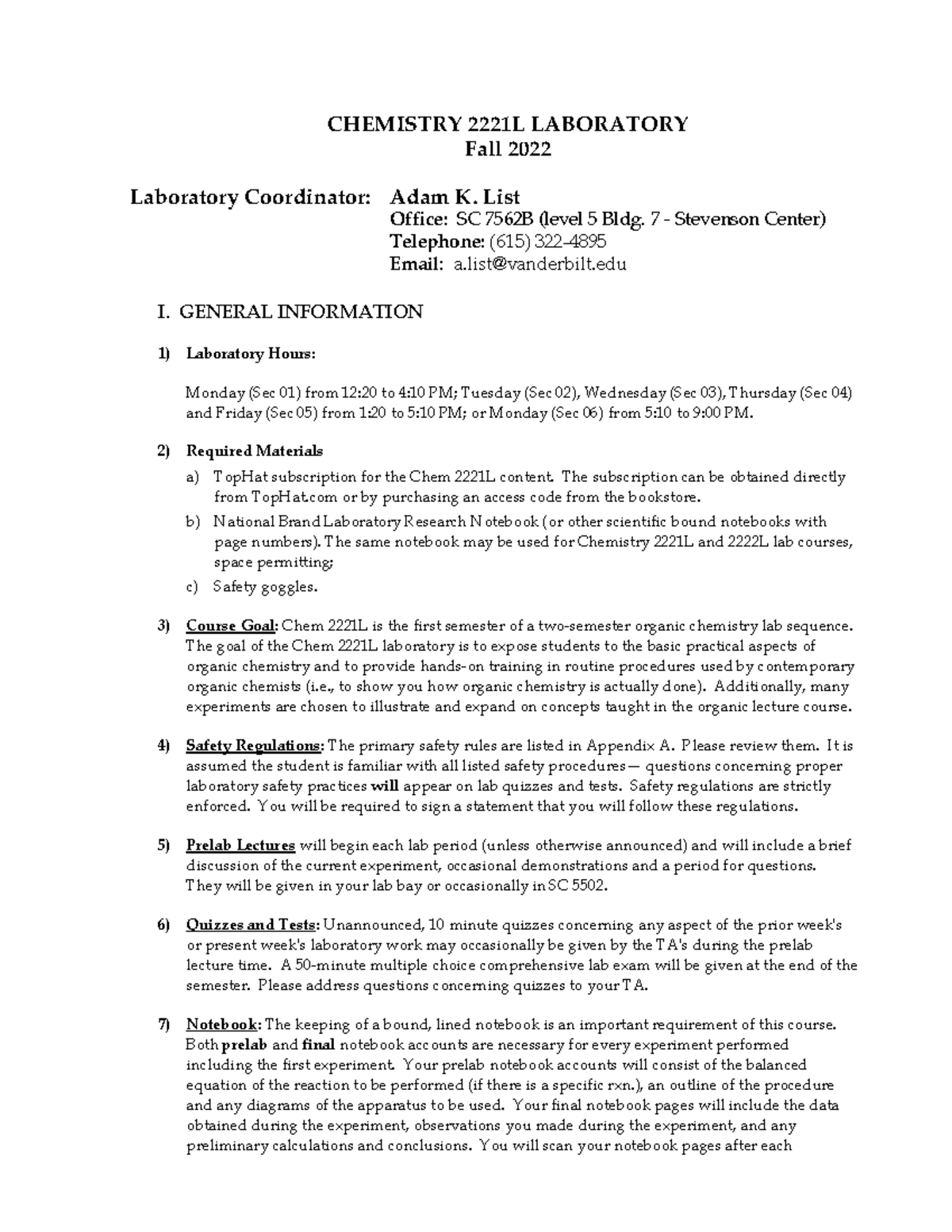 Chem 2221L Fall '22 syllabus - CHEMISTRY 2221L LABORATORY Fall 2022 ...
