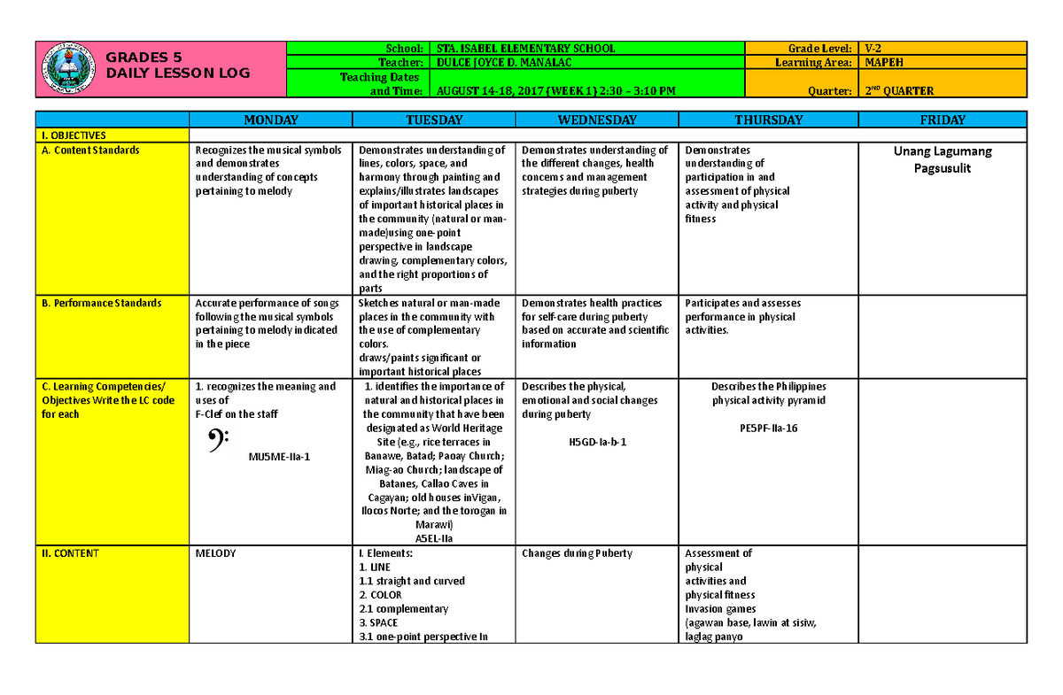 DLL Mapeh 5 Q2 W1 - daily lesson log - GRADES 5 DAILY LESSON LOG School ...