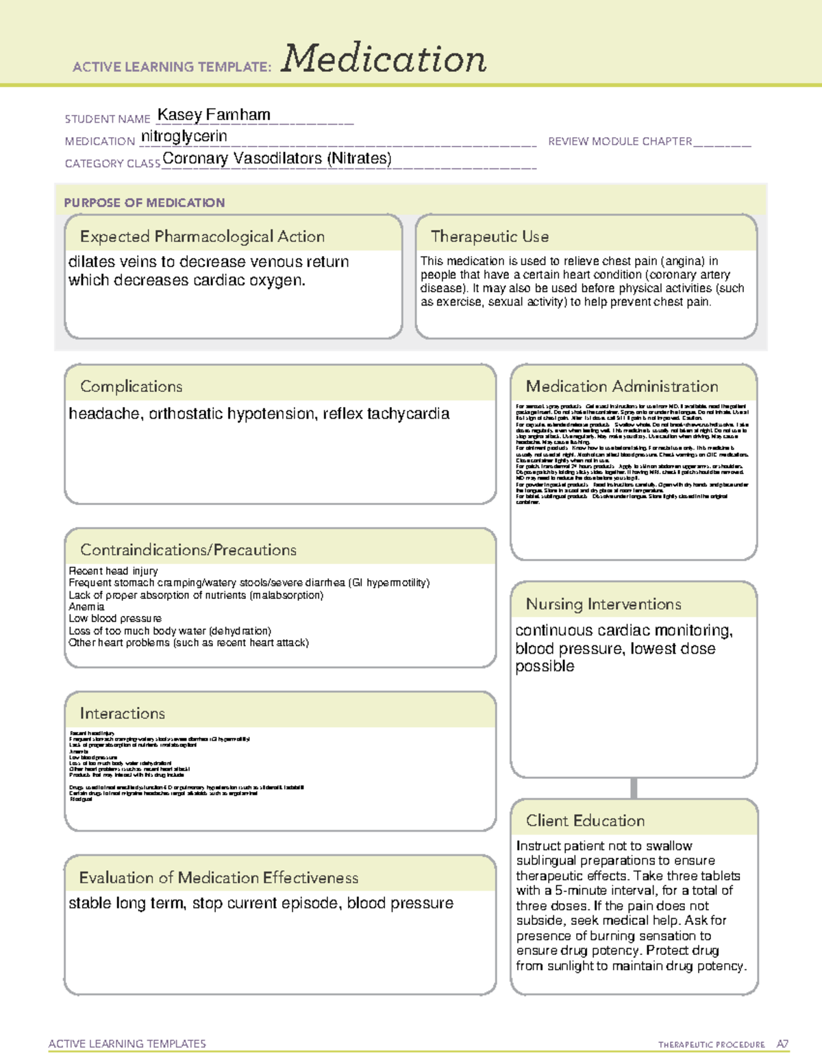 Nitroglycerin - sim - ACTIVE LEARNING TEMPLATES TherapeuTic procedure A ...