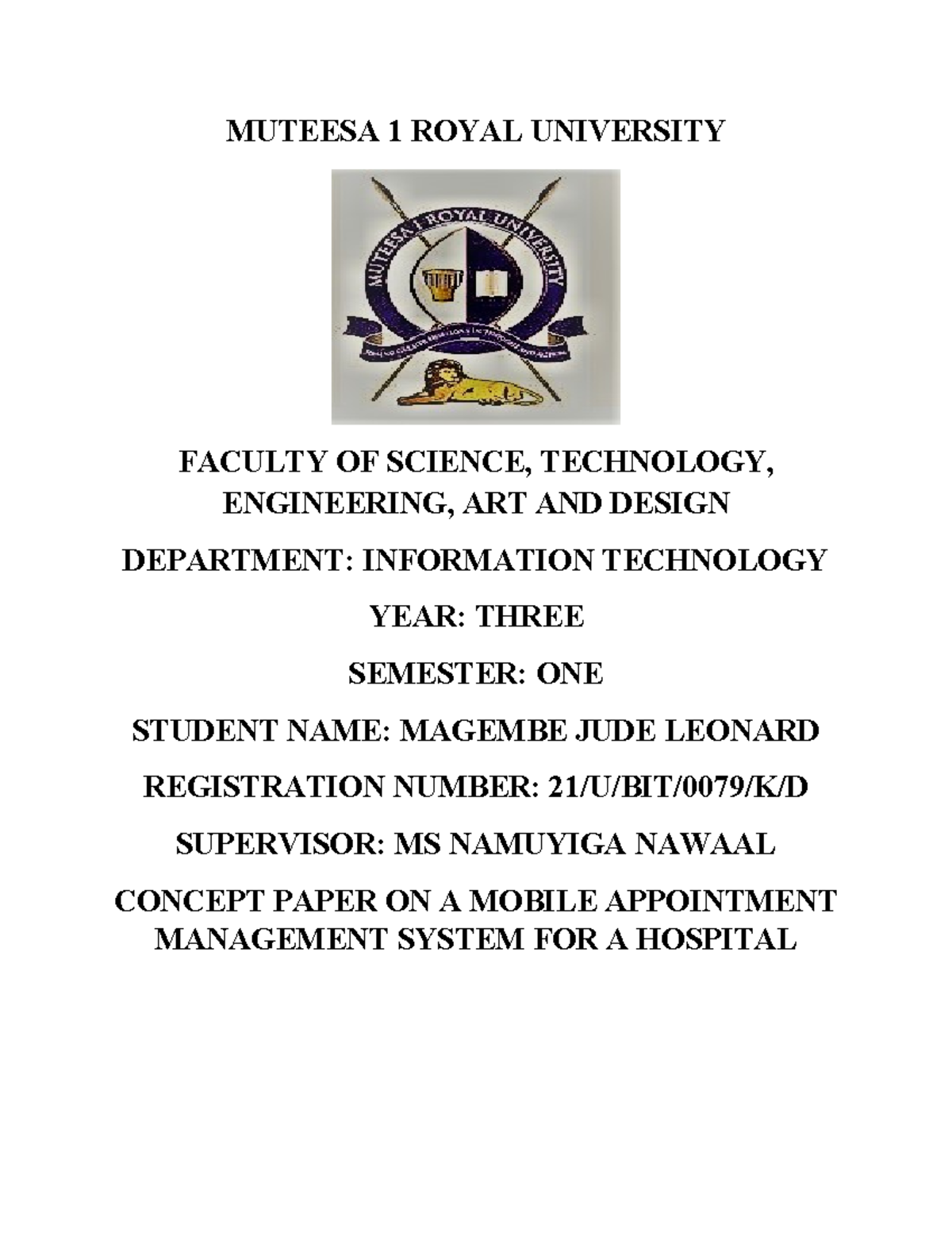 Jude concept paper - MUTEESA 1 ROYAL UNIVERSITY FACULTY OF SCIENCE ...